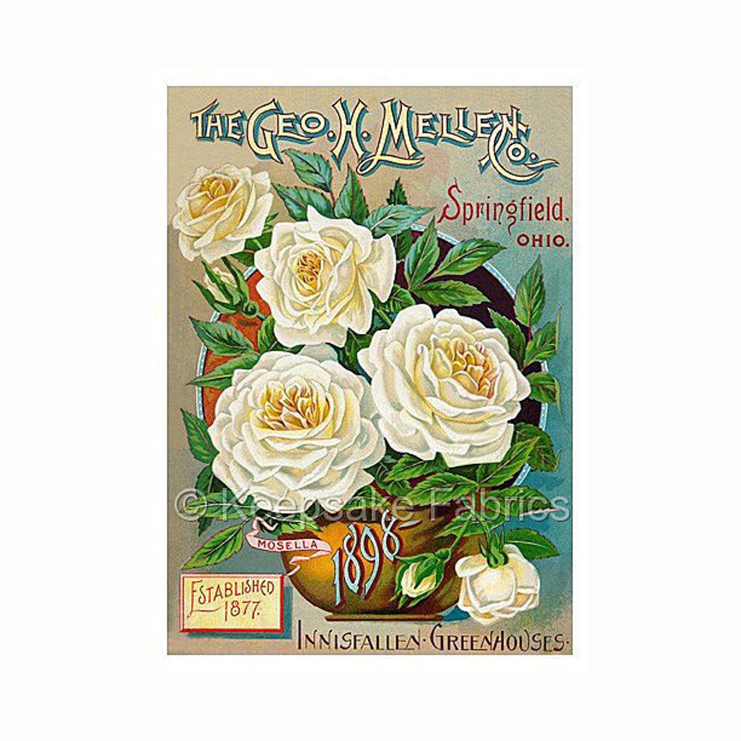 Vintage White Roses Seed Packet Reproduction Fabric Crazy Quilt Block ...