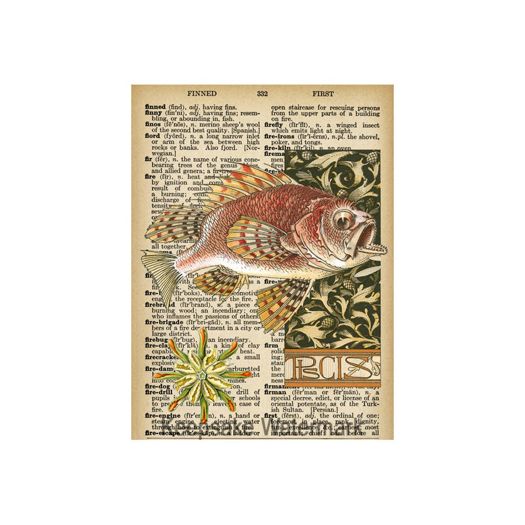 Pisces Fish Illustration Crazy Quilt Fabric Block Quilting Sewing ...