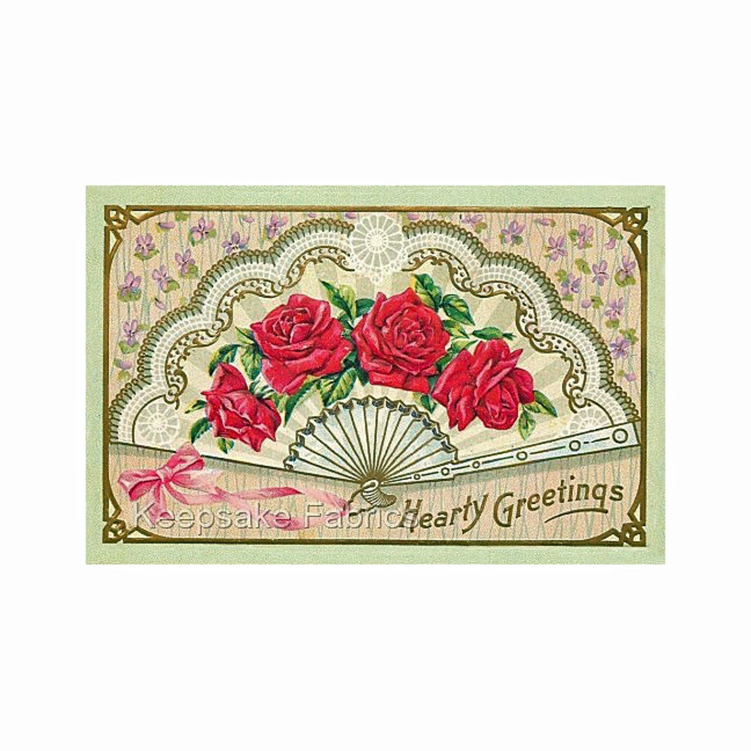 Victorian Fan & Roses Greeting Greeting Reproduction Crazy Quilt Block ...