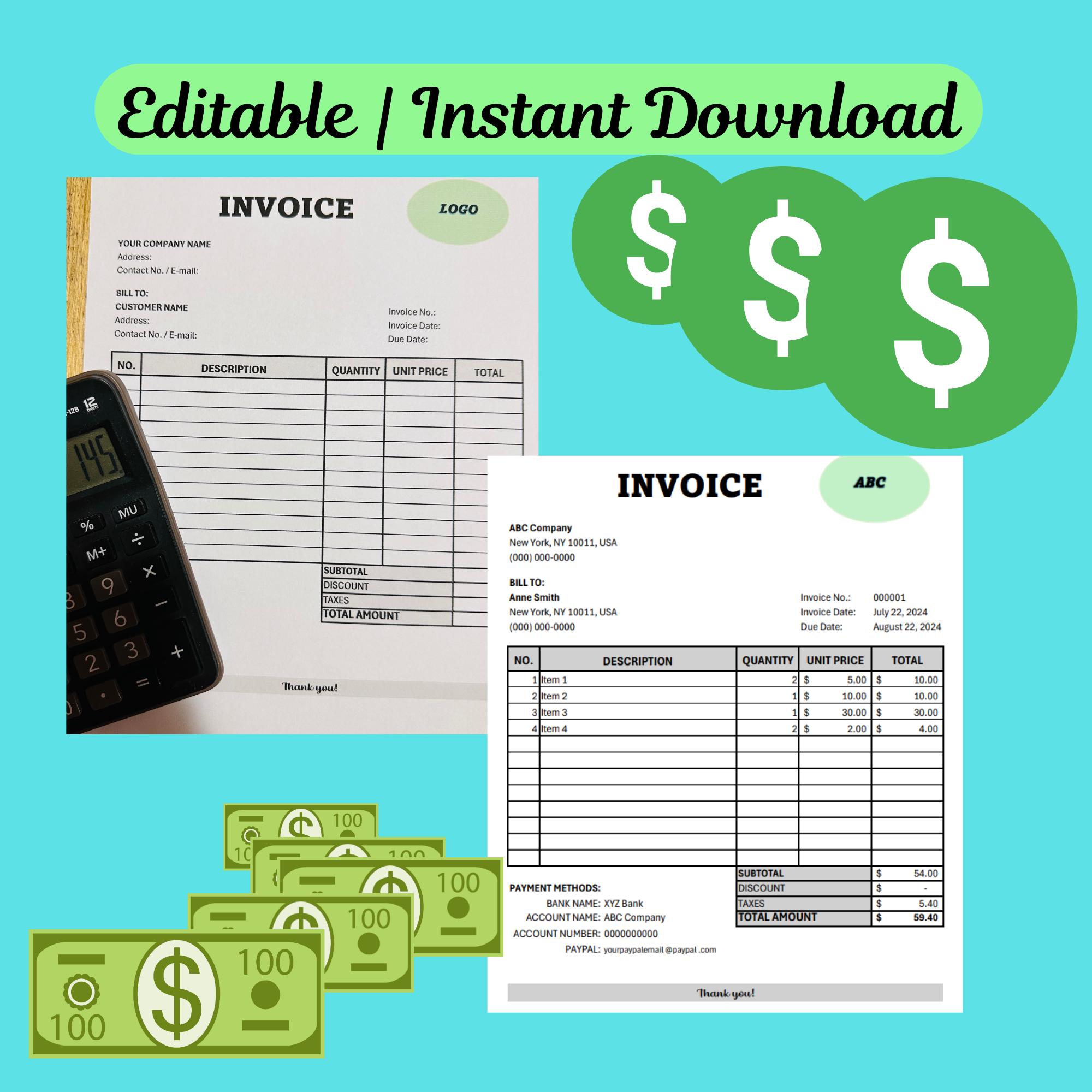 Customizable Invoice Template, Editable Invoice, Printable Business ...