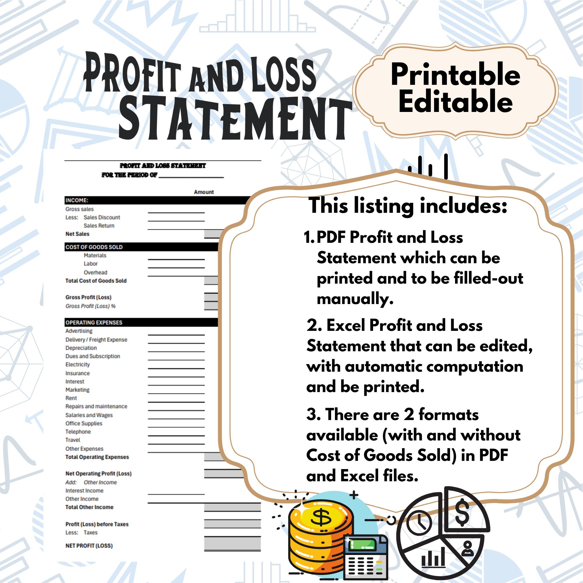 Printable Profit and Loss Statement, Income Statement, Business ...
