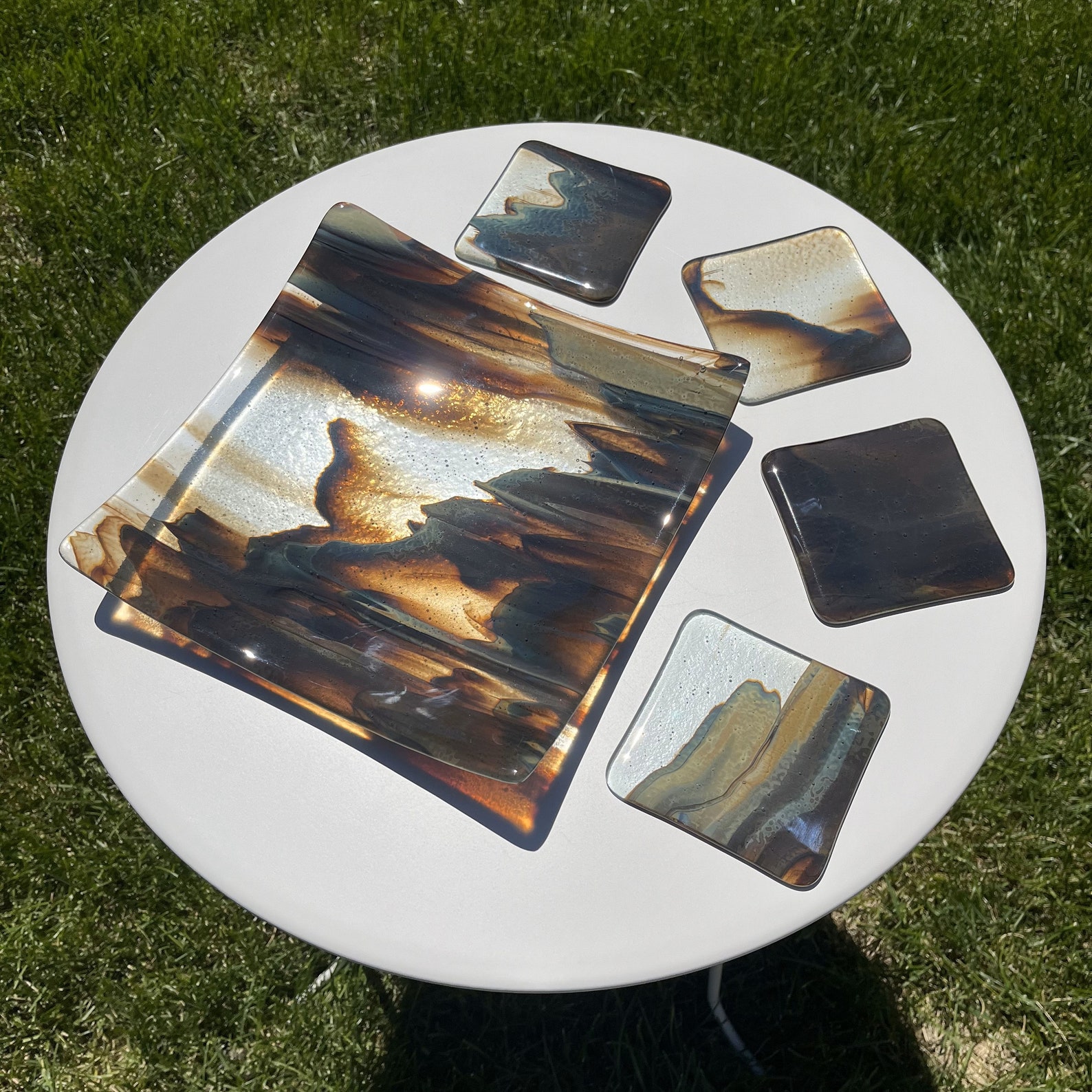 Handmade Fused Art Glass Plate and Coaster Set, Multi Colour Art Glass ...