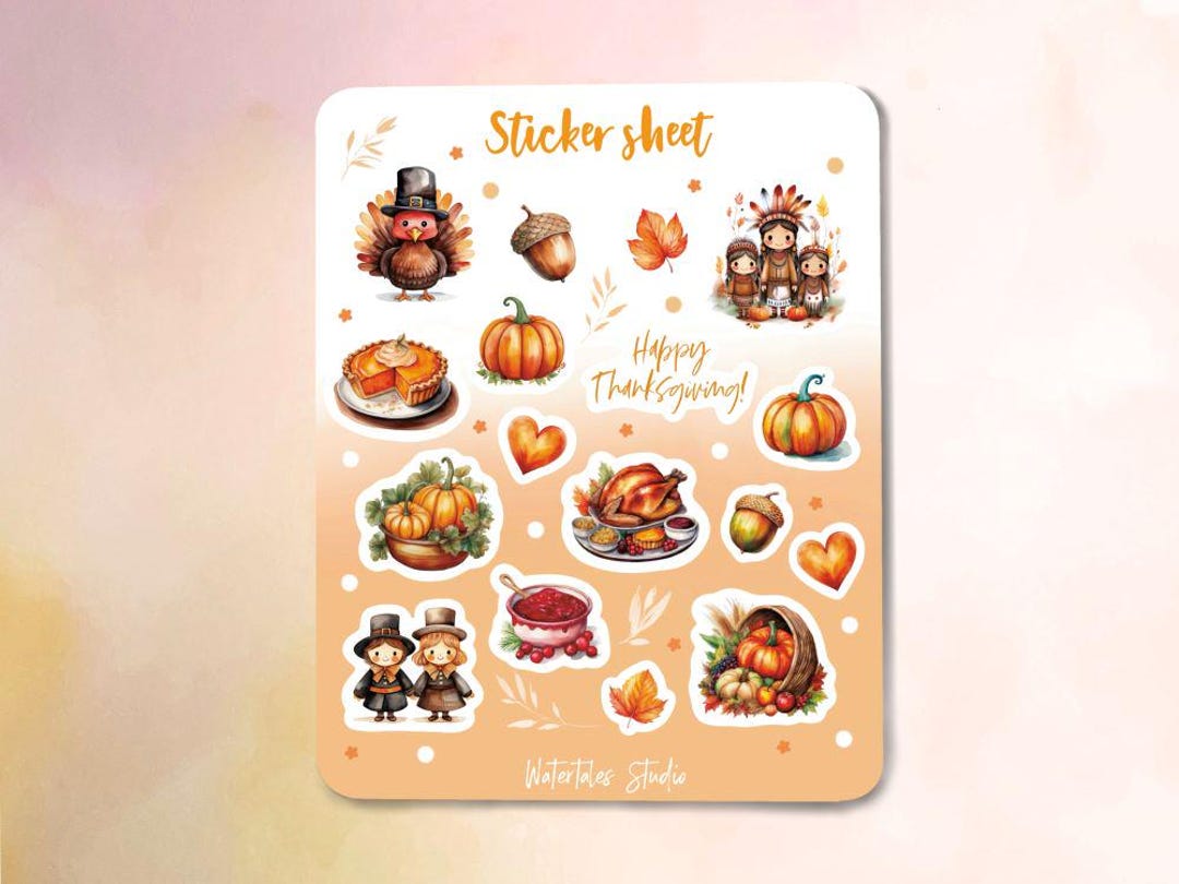 Thanksgiving Sticker Sheet - Fall Autumn Holiday Watercolor Style ...
