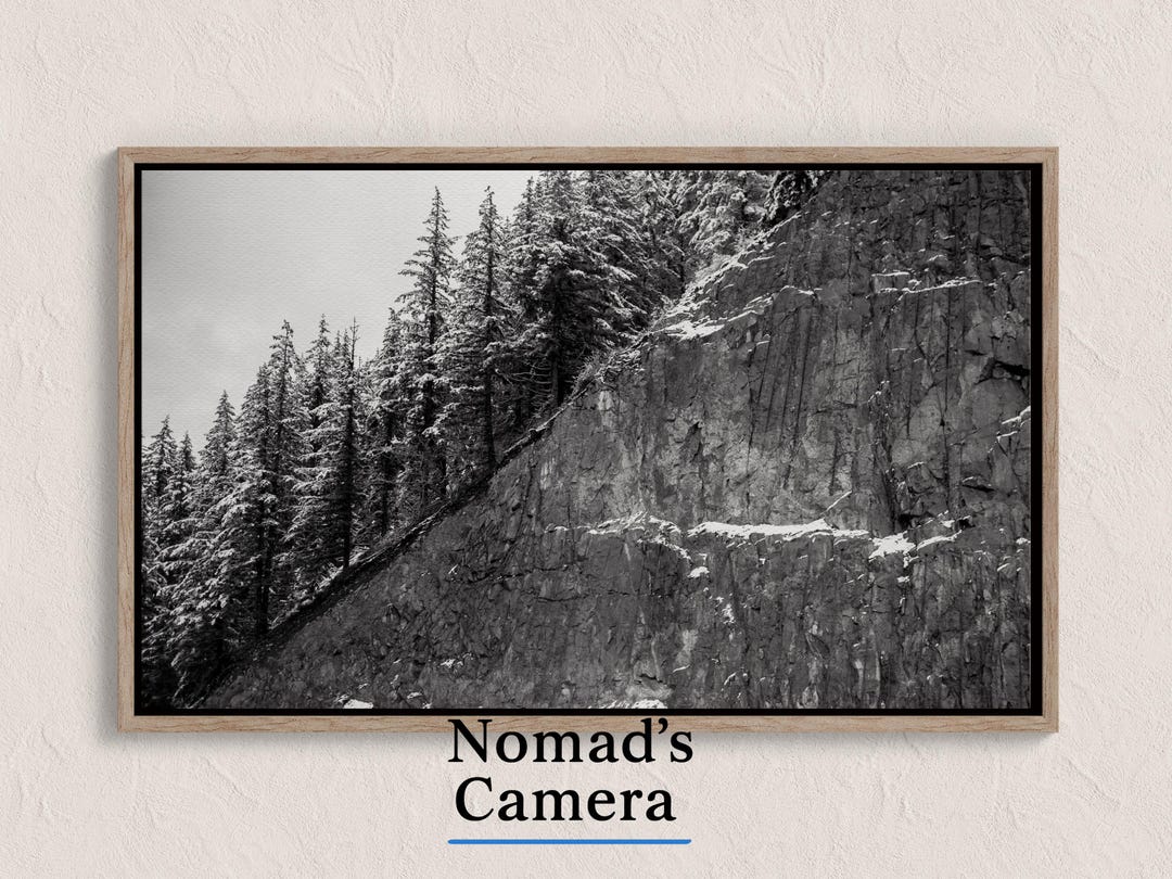 Snowy Cliffside Evergreen Photograph, Dramatic Mountain Wall Art ...