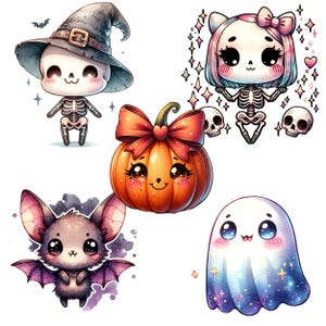 Cute Spooky Kawaii Halloween Clipart PNG Bundle, Watercolor Halloween ...