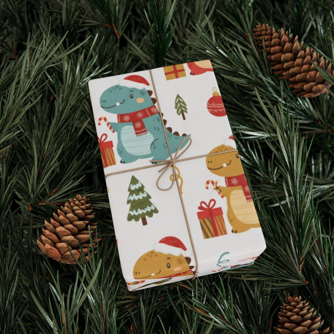 Dinosaur Christmas Wrapping Paper, Festive Dino Gift Wrap, Holiday T ...