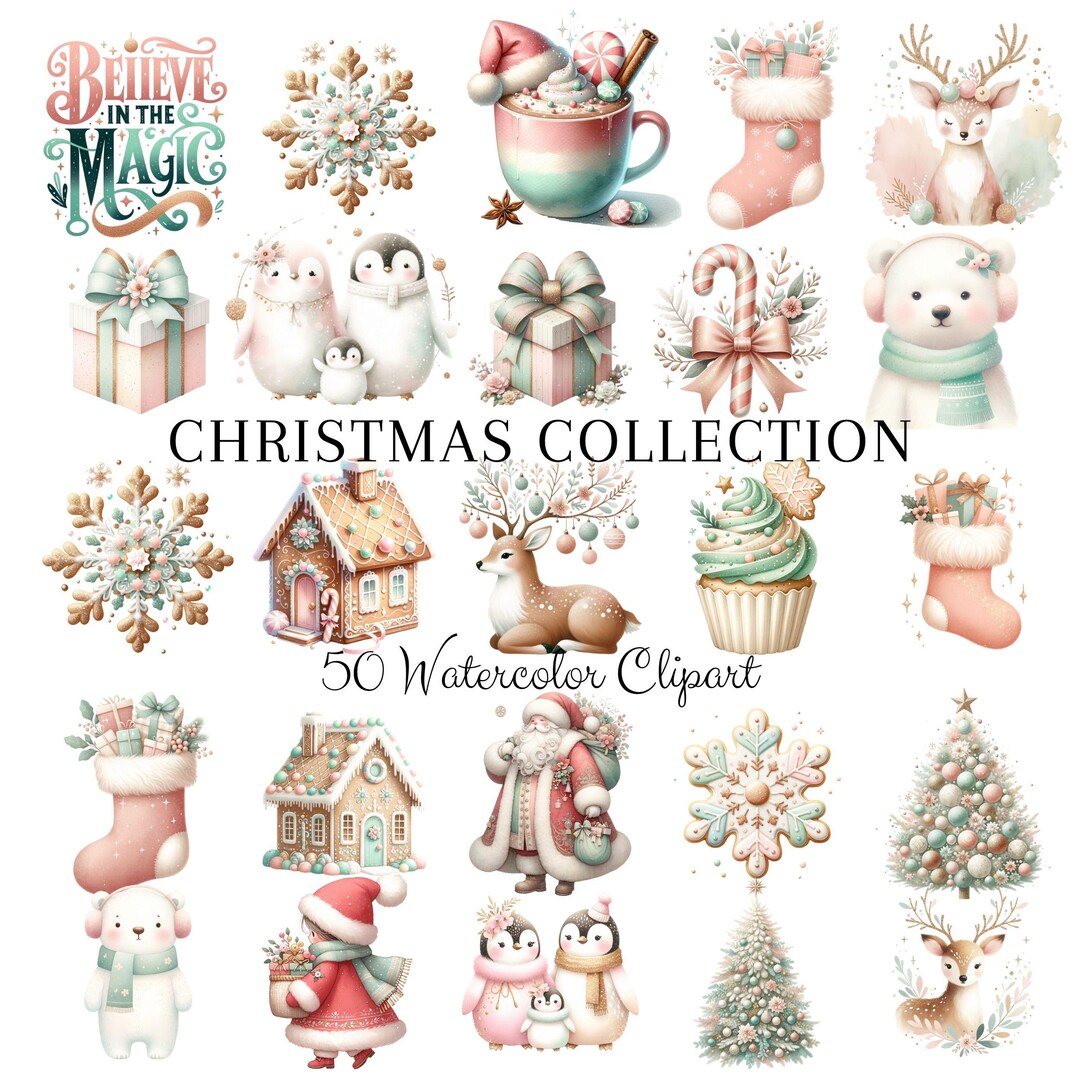 Christmas Watercolor Clipart Bundle – 50 Holiday PNG Elements (digital ...
