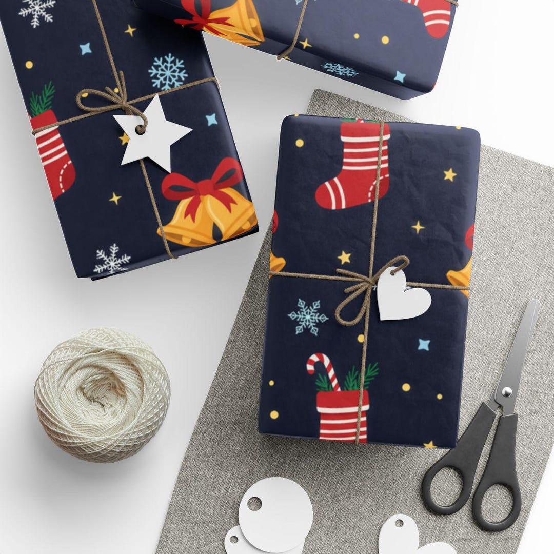 Christmas Wrapping Paper, Holiday Stockings, Bells, Snowflakes, Gift ...