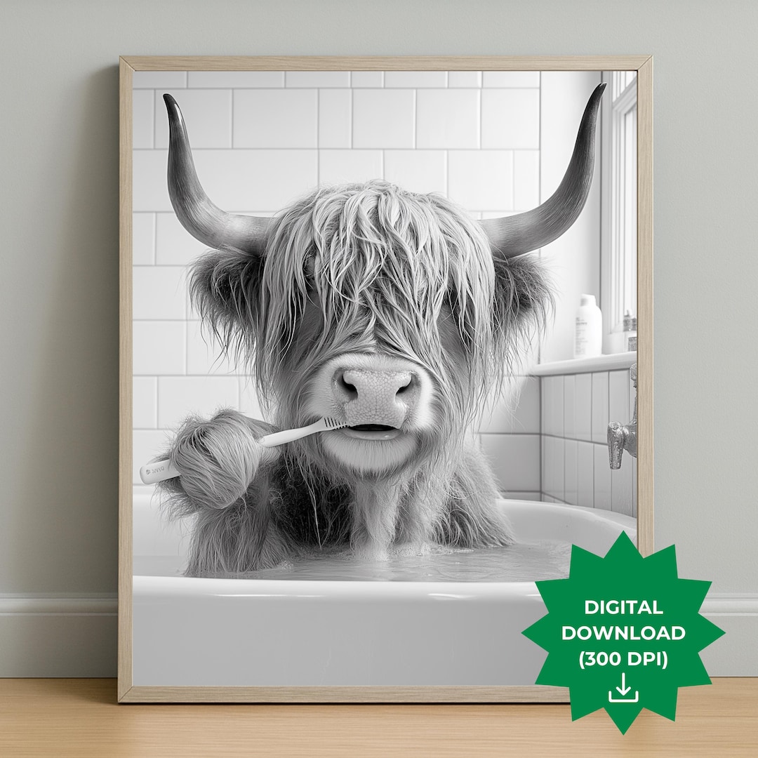Funny Highland Cow Bathroom Print: Brushing Teeth, Farmhouse Decor ...