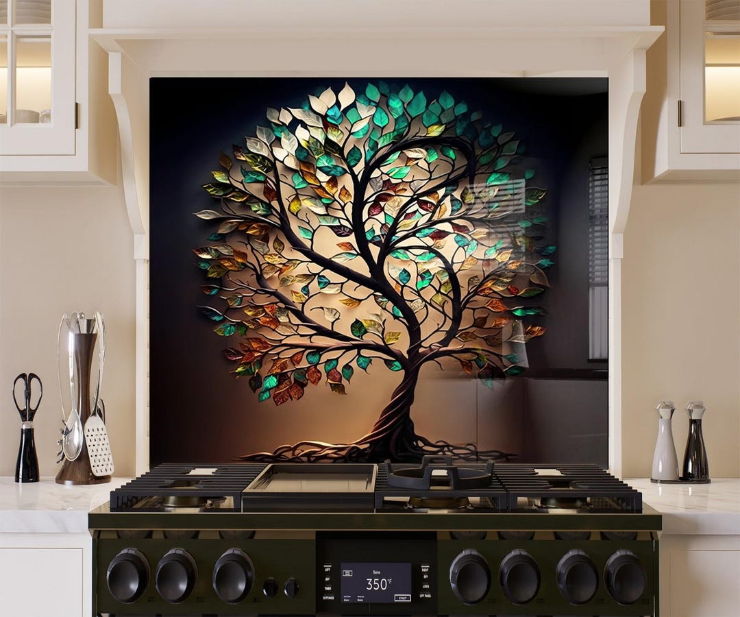 Tempered Glass Backsplash: Life of Tree, Golden Splashback - Etsy
