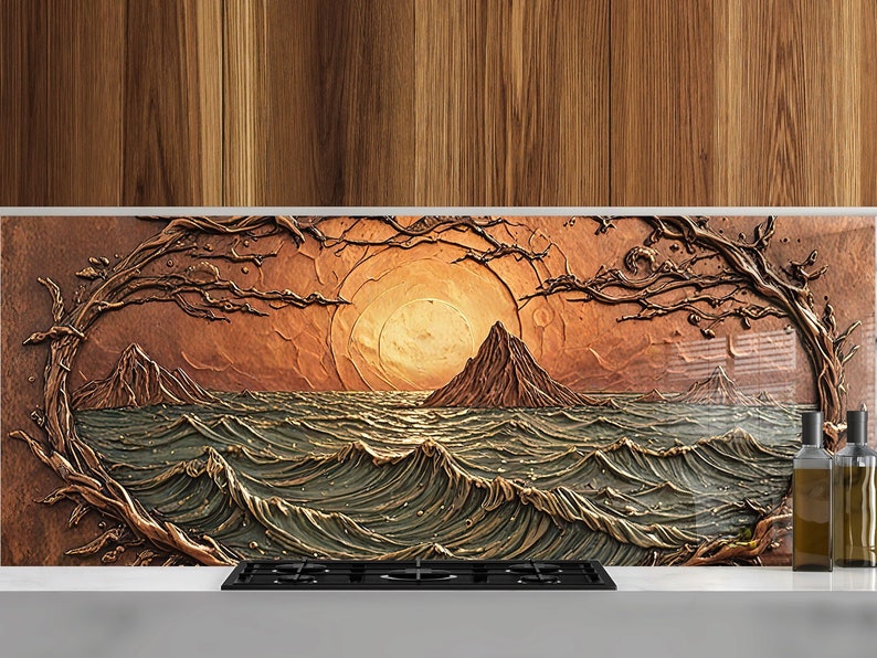 Tempered Glass Backsplash-sunset Backsplash Tiles Floral Splashback ...