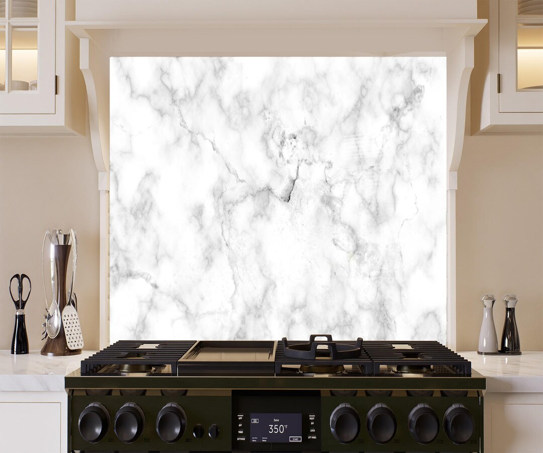 Marble Look Glass Backsplash – Tempered Glass Stove Back Cover – Modern ...