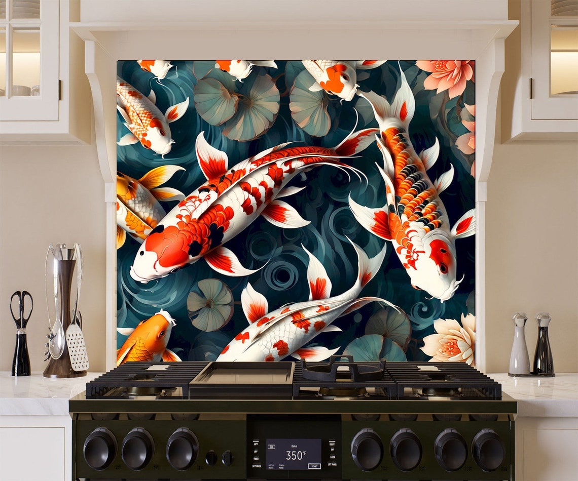 Tempered Glass Backsplash Tile-koi Fish Backsplash-stove Backsplash for ...