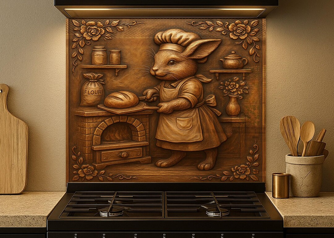 Glass Kitchen Backsplash Behind Stove, Chef Rabbit Glass Backsplash ...