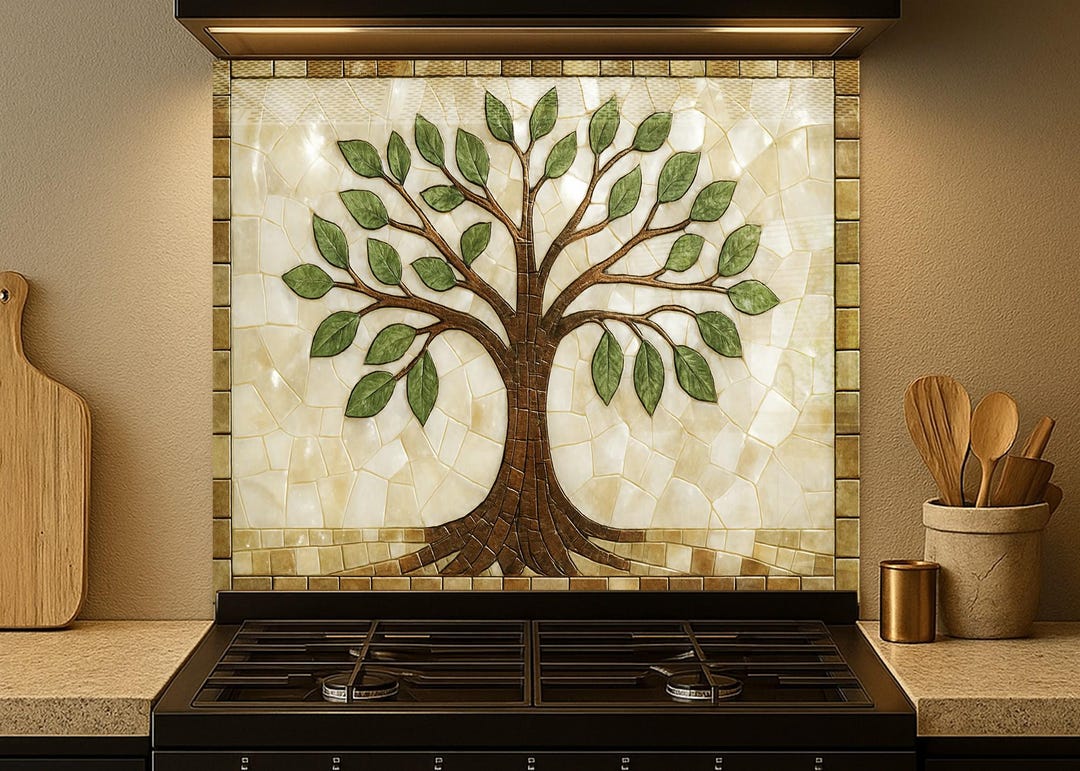 Mosaic Tree Kitchen Backsplash – Rustic Tempered Glass Stove Splash ...