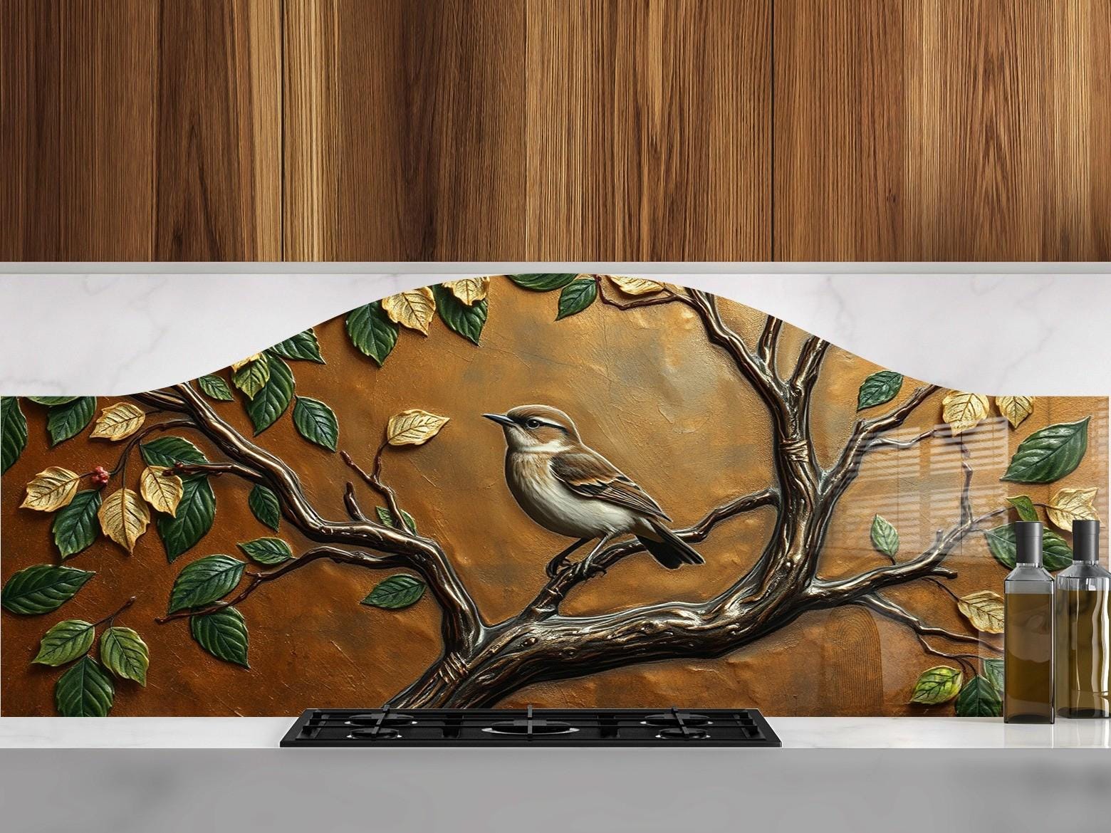 Tempered Glass Backsplash-life of Tree Bird Backsplash Tiles-backsplash ...
