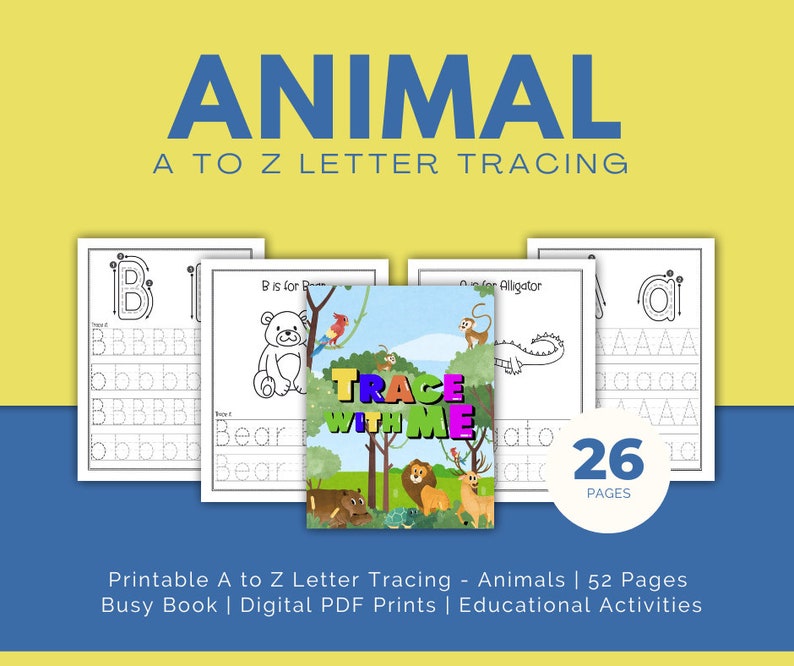 52-page Printable A to Z Animal Letter Tracing Busy Book Digital PDF ...