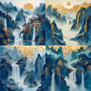 48 Abstract Mountain Landscape Clipart, Blue Wall Art, Digital Download ...