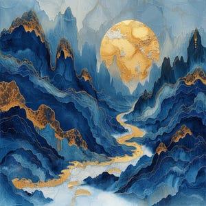 48 Abstract Mountain Landscape Clipart, Blue Wall Art, Digital Download ...