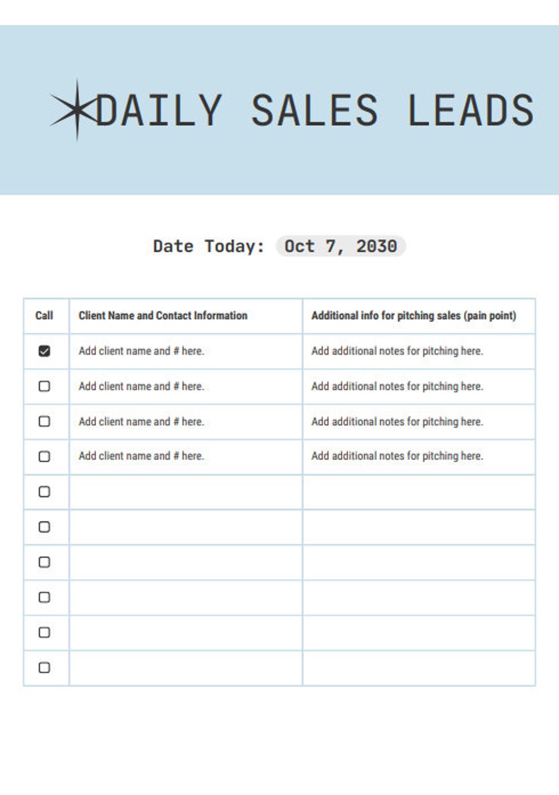 Sales Leads Call Sheet | Sales Pitch List | Contact Info | Leads Sheet ...