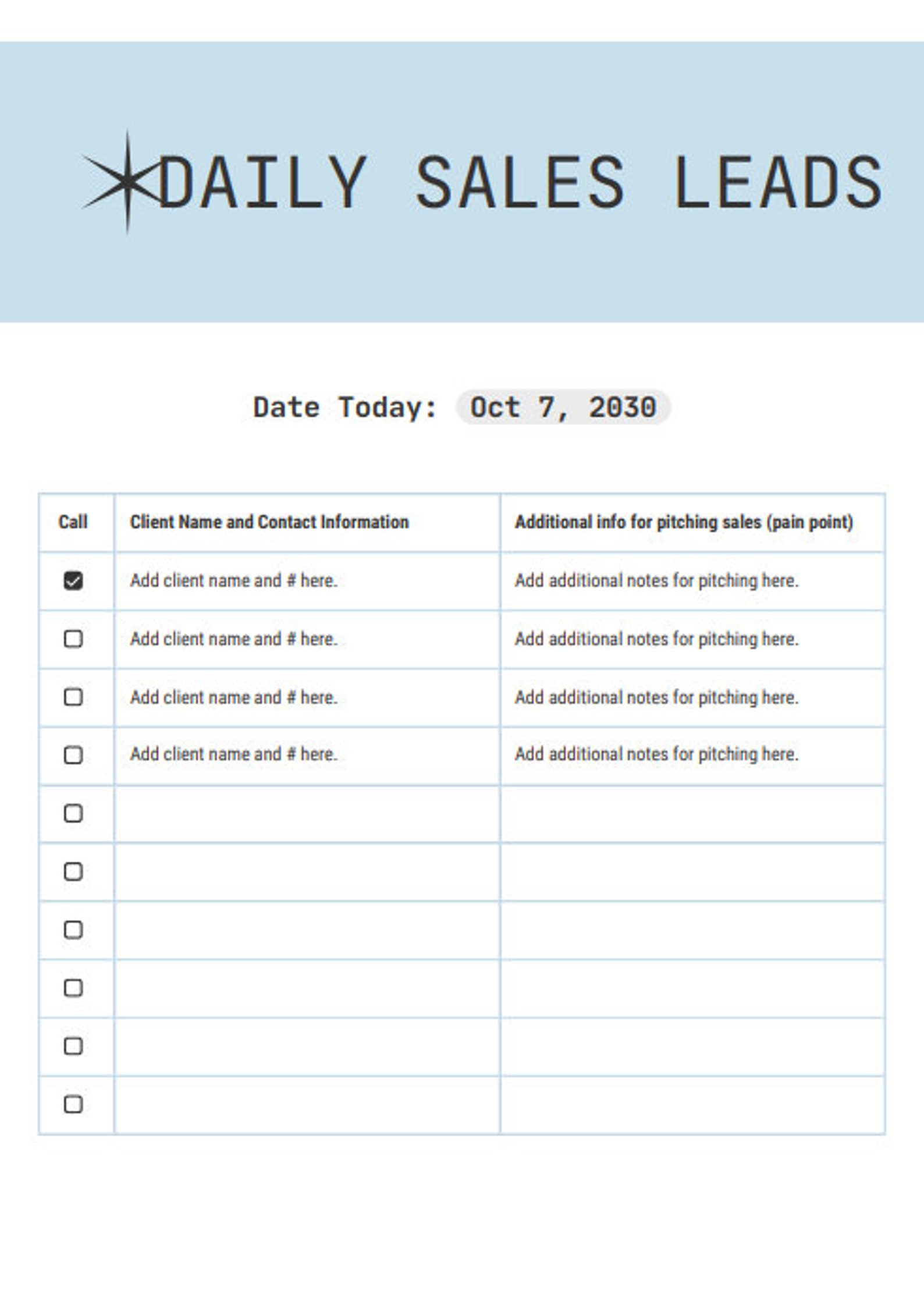 Sales Leads Call Sheet | Sales Pitch List | Contact Info | Leads Sheet ...