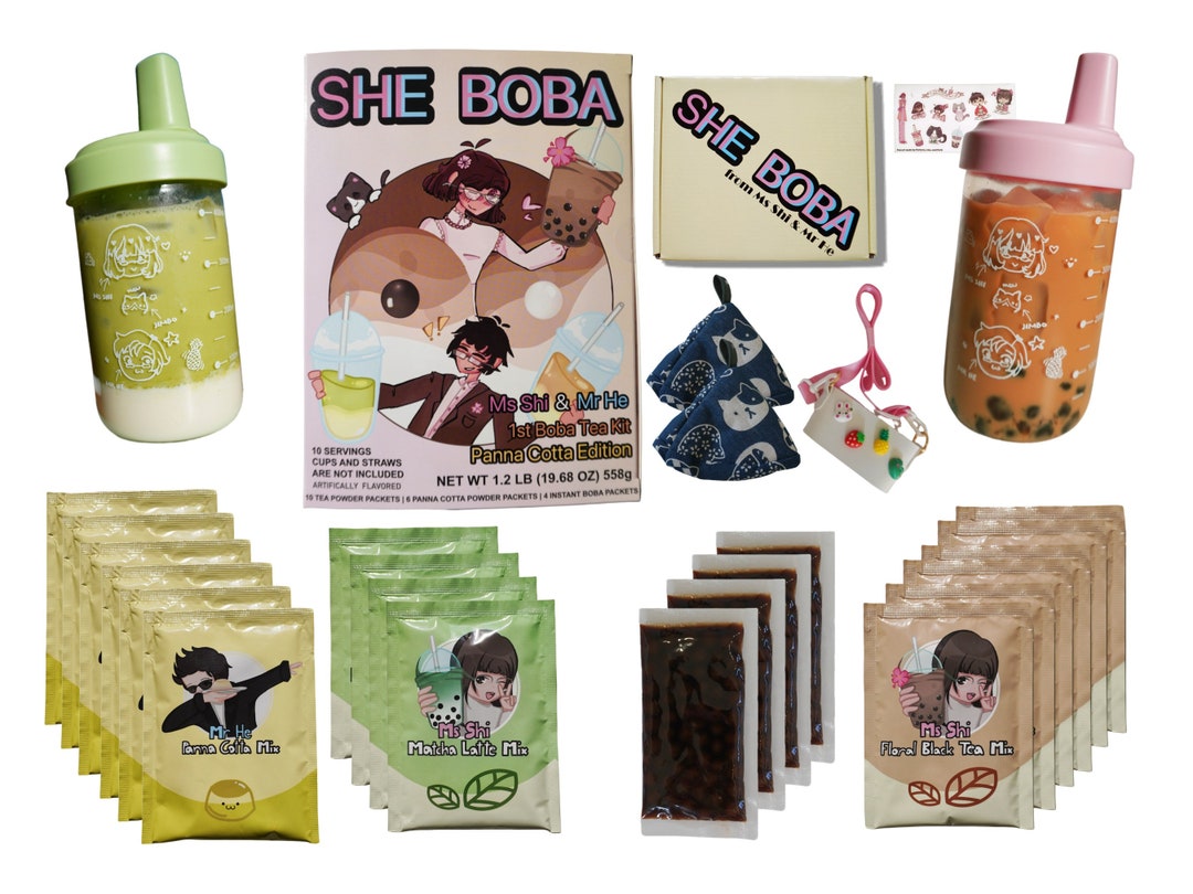 SHE BOBA Gift Box DIY Boba Tea Kit with Glass Boba Bottle & Boba Straw ...