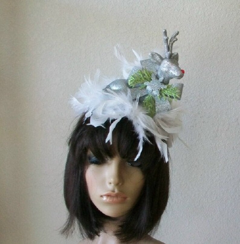 Silver Reindeer Christmas Headband, Feathers Glitter Whimsical ...