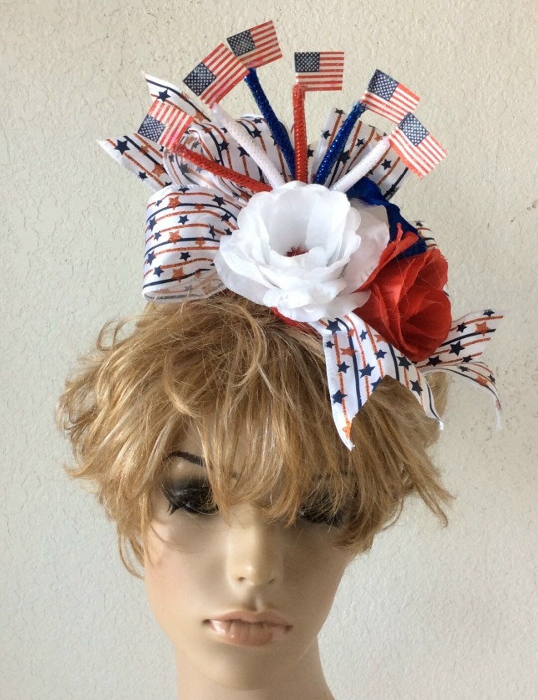 4th of July Red White Blue 3 Rose Fascinator, Flag Sprays 4th of July ...