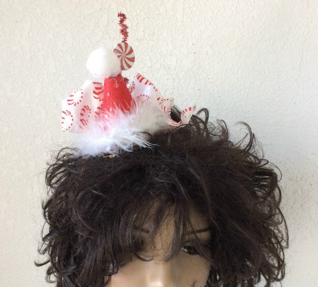 Christmas Red White Tiny Santa Top Hat Ribbon Feathers Star Christmas ...