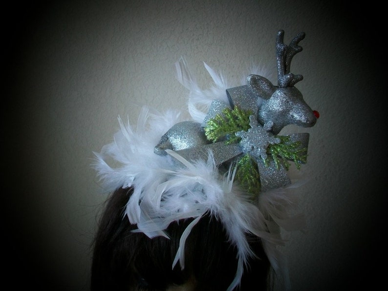 Silver Reindeer Christmas Headband, Feathers Glitter Whimsical ...