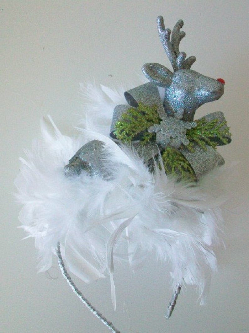 Silver Reindeer Christmas Headband, Feathers Glitter Whimsical ...