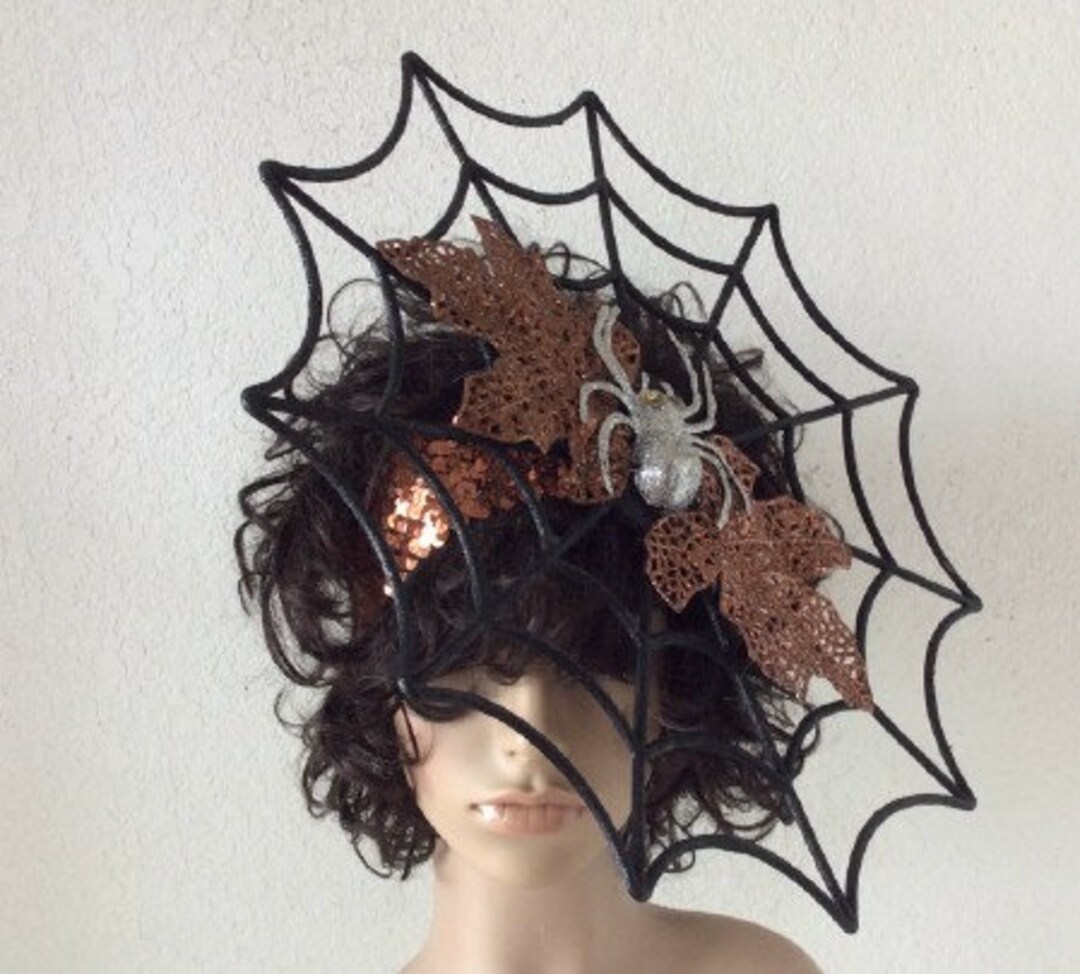 Spider Web Halloween Fascinator Black Glitter Spider Copper Leaves ...