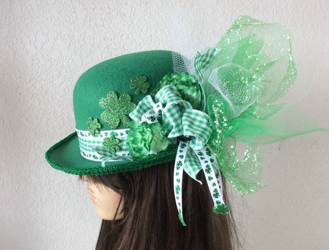 ST. PATTY'S DAY Bowler Derby Hat Green, Shamrocks, Netting, Tulle ...