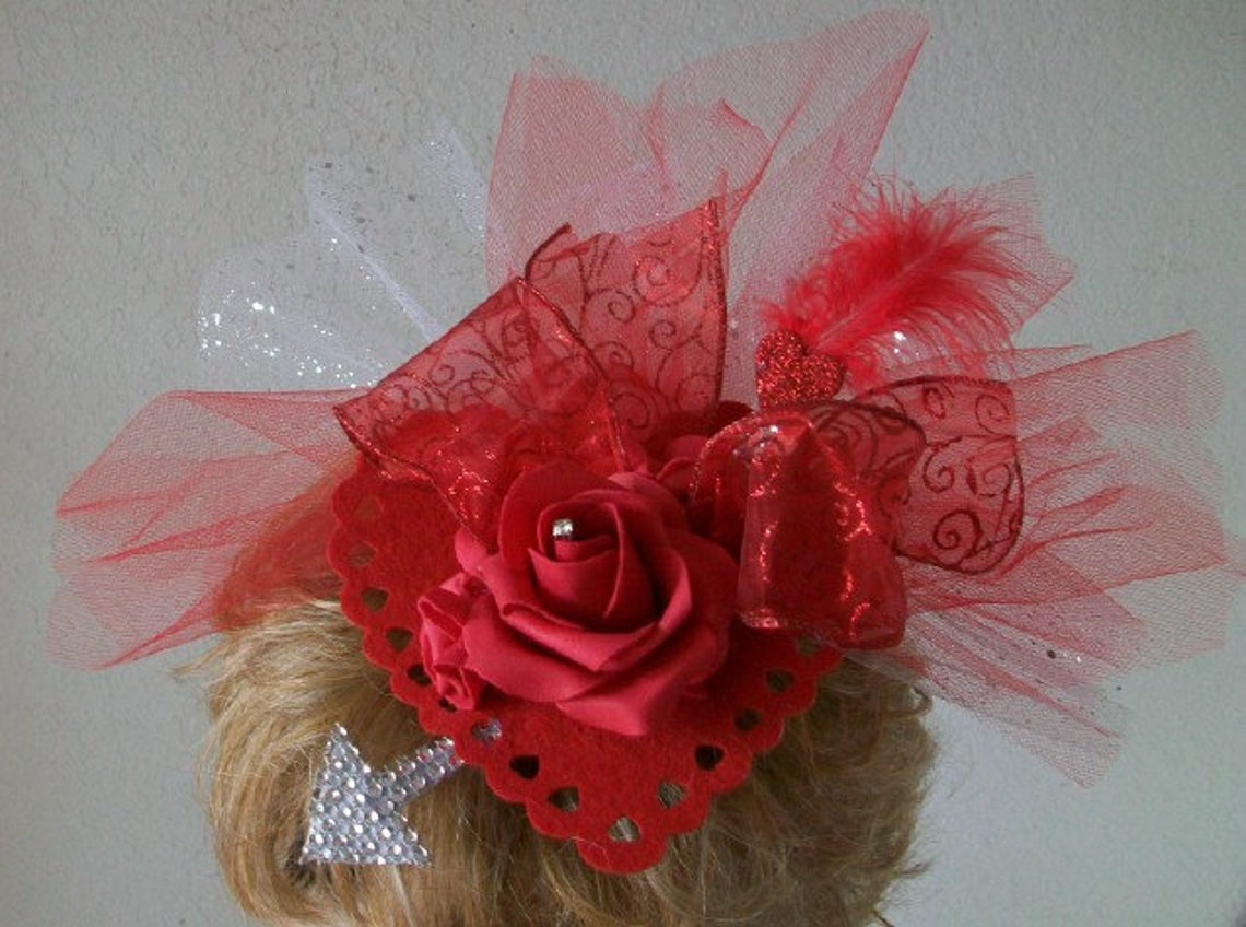 Large Red Heart Fascinator Red Roses Rhinestone Arrow | Etsy