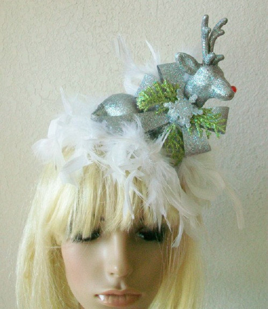 Silver Reindeer Christmas Headband, Feathers Glitter Whimsical ...