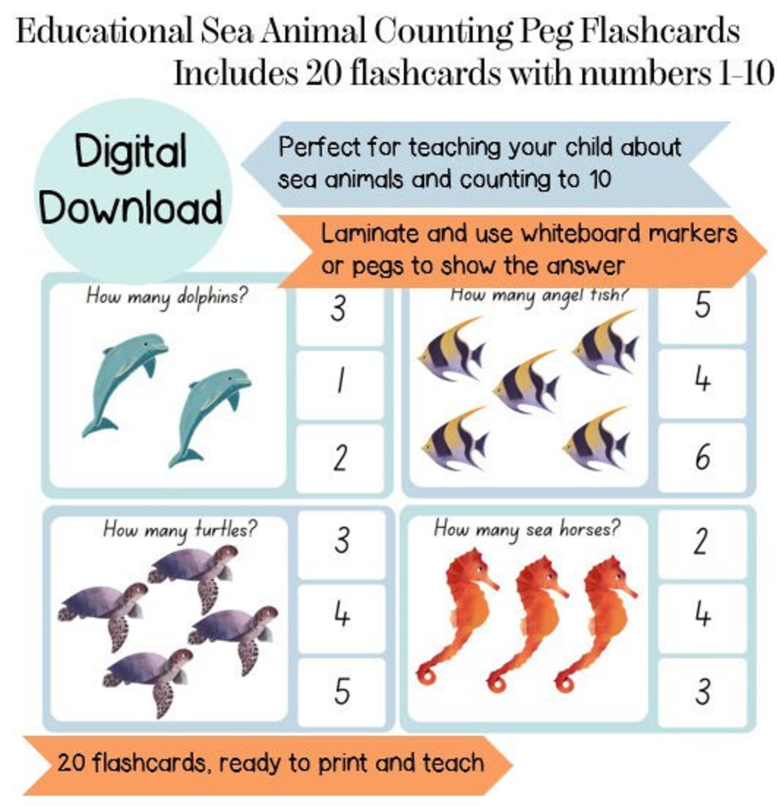 Educational Sea Animal Counting Peg Flashcards 1 to 10, Homeschooling ...