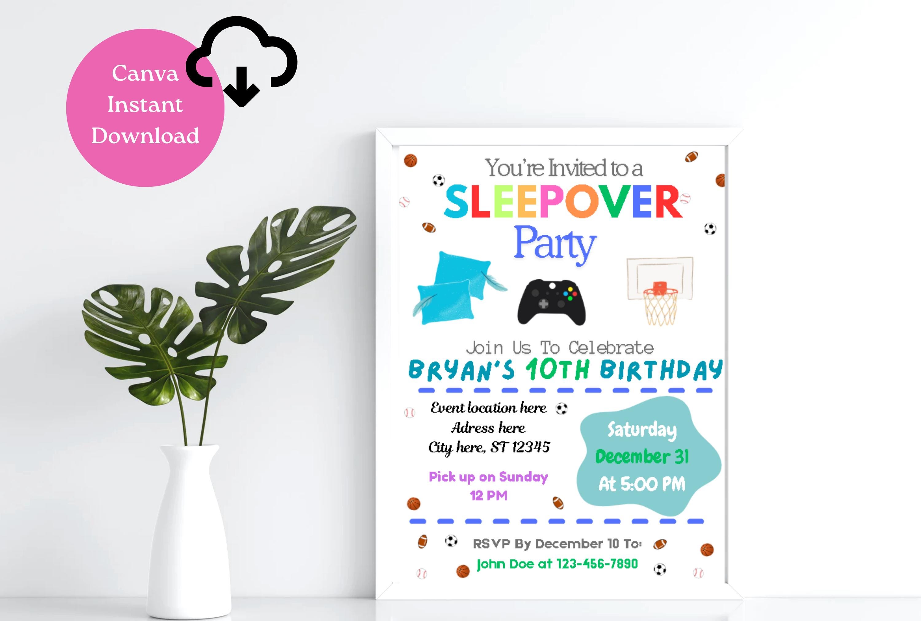 Sleepover Birthday Invite for Boys Sleep Over With Front and Back Canva ...