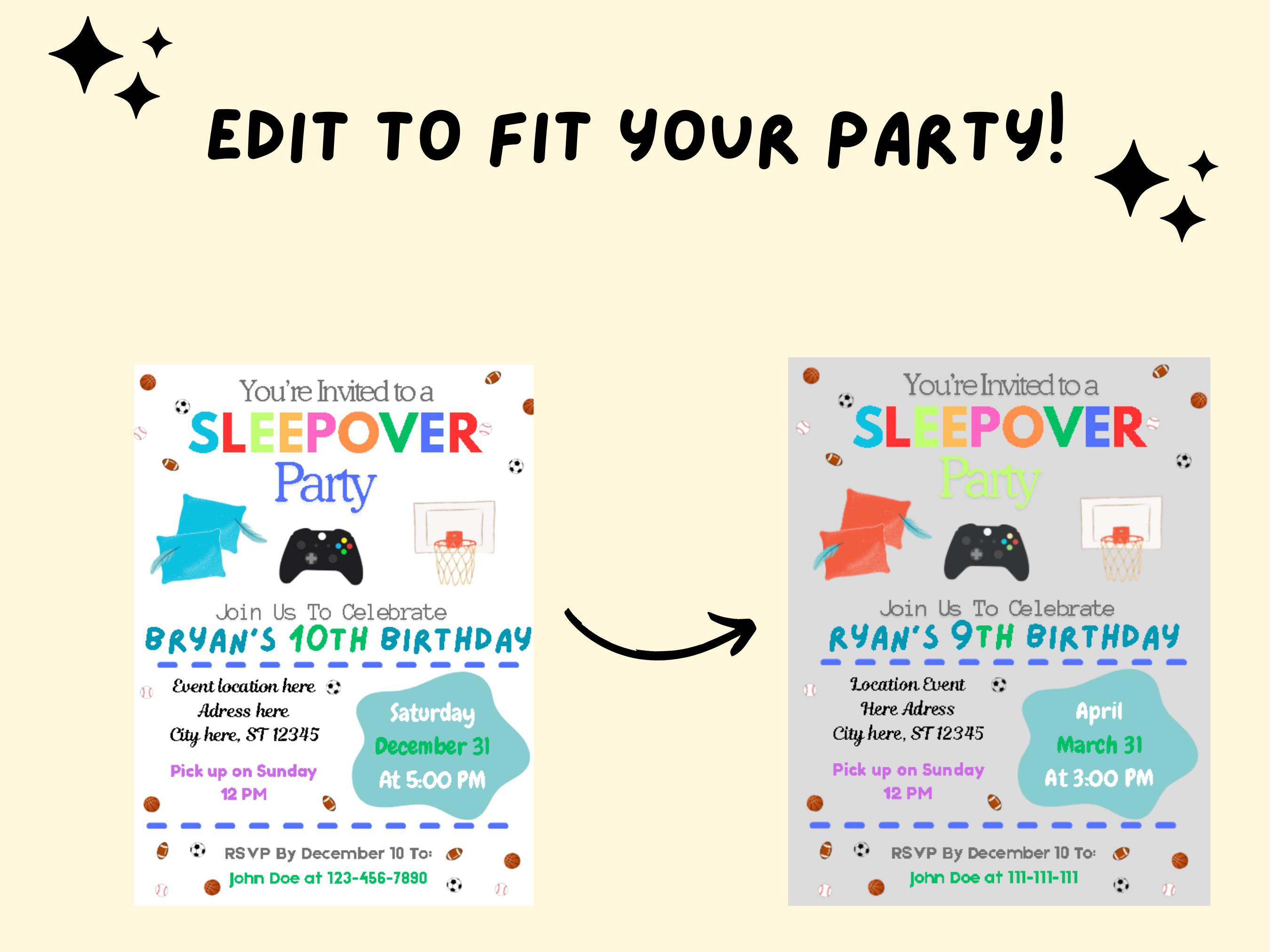 Sleepover Birthday Invite for Boys Sleep Over With Front and Back Canva ...