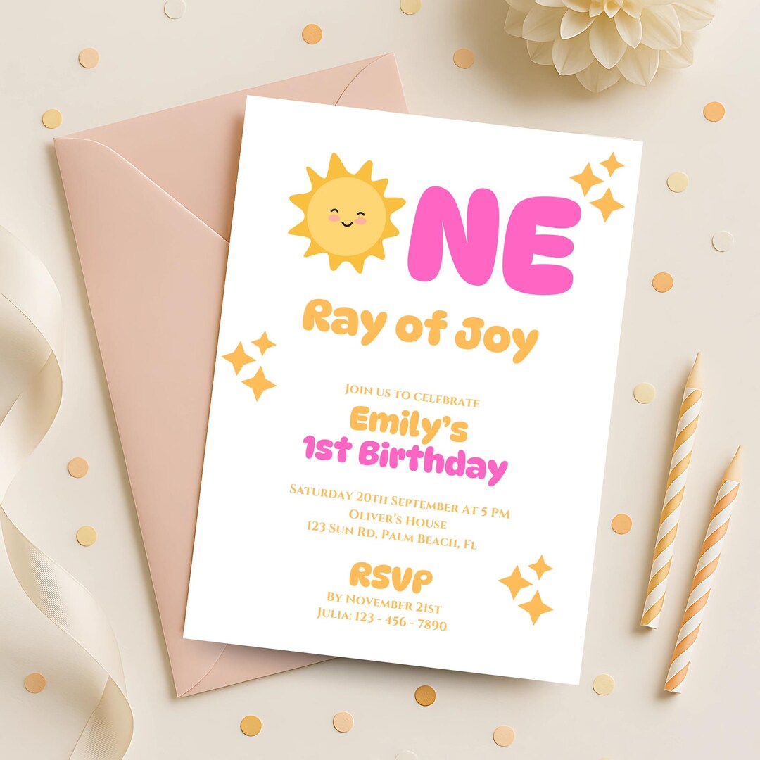 Birthday Party One Year Old Invitation, Cute Sun Design Canva Editable ...