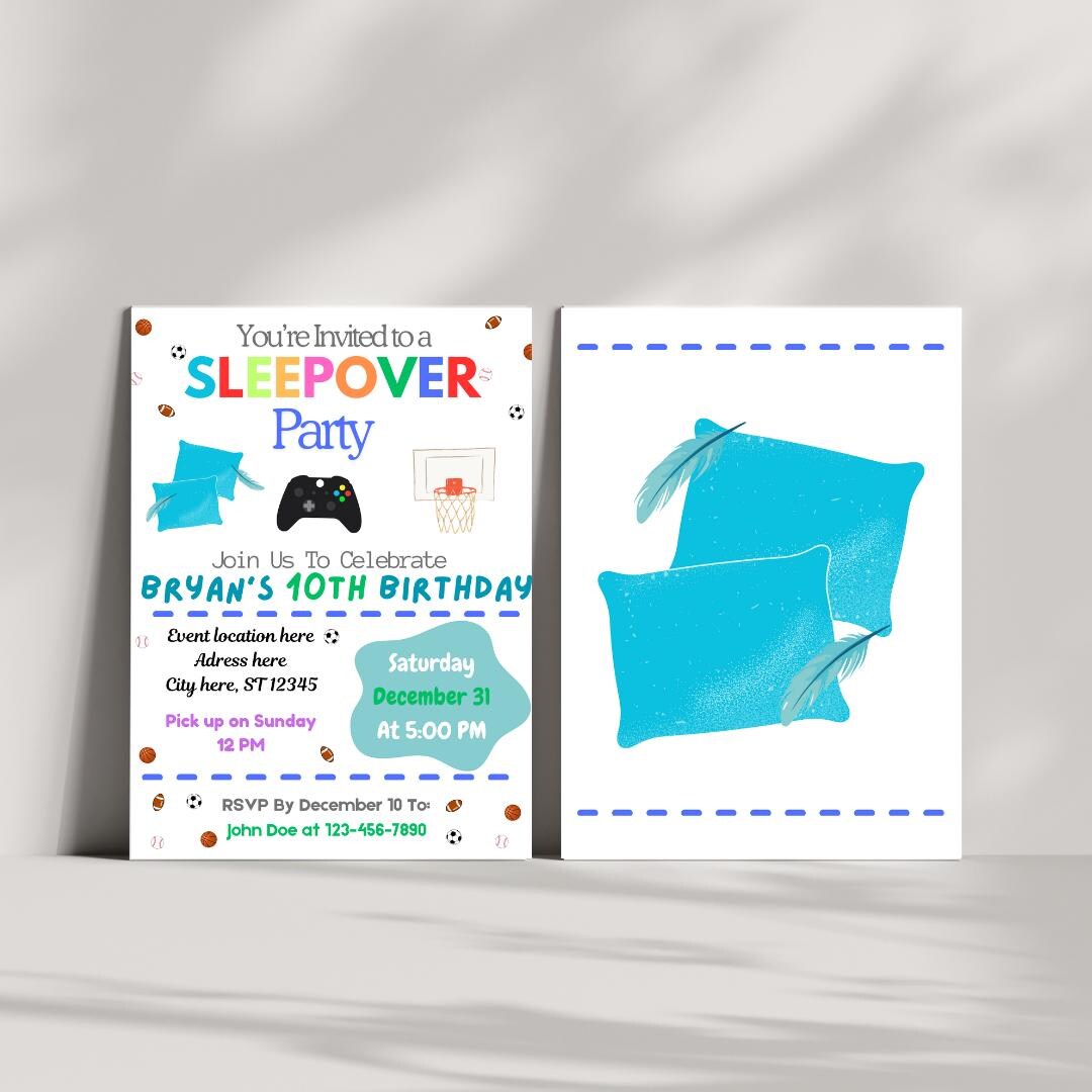 Sleepover Birthday Invite for Boys Sleep Over With Front and Back Canva ...