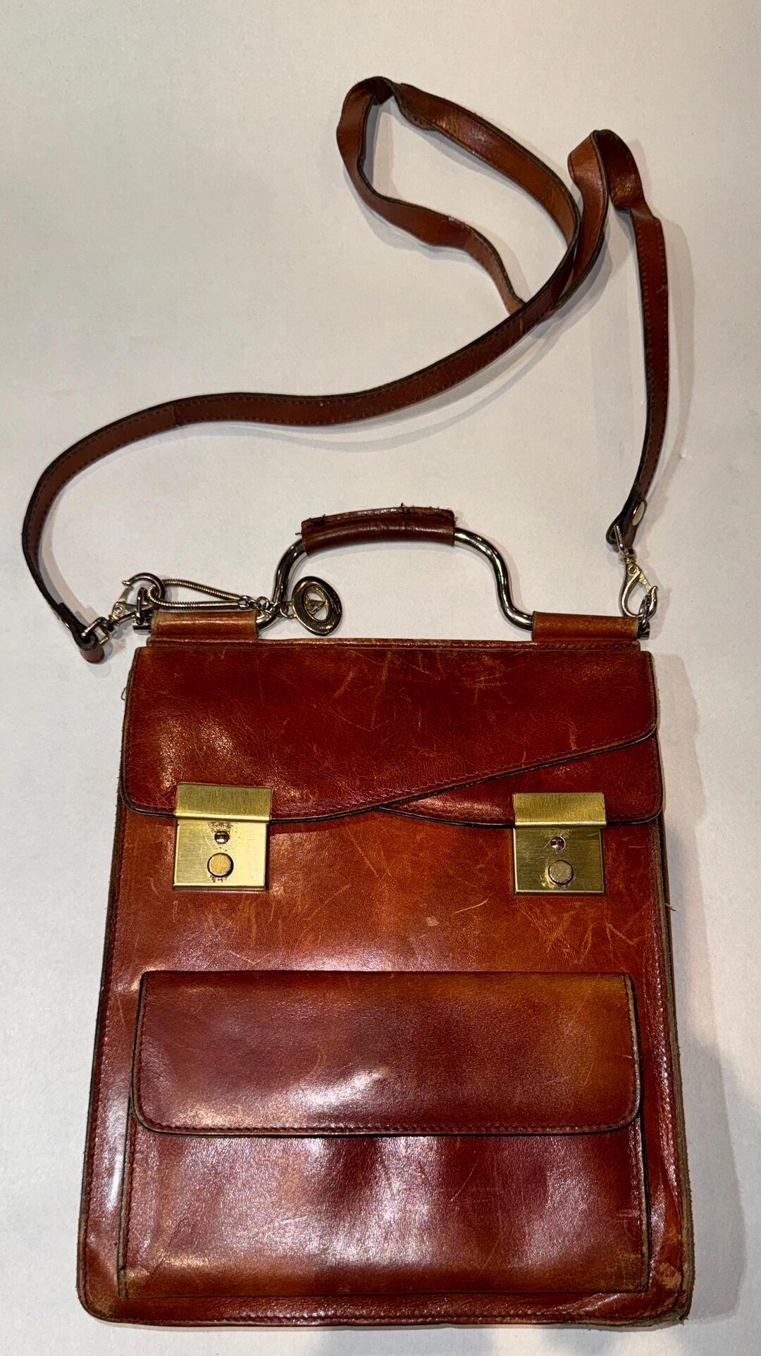Vintage Brown Leather Satchel Briefcase With Brass Buckles and ...