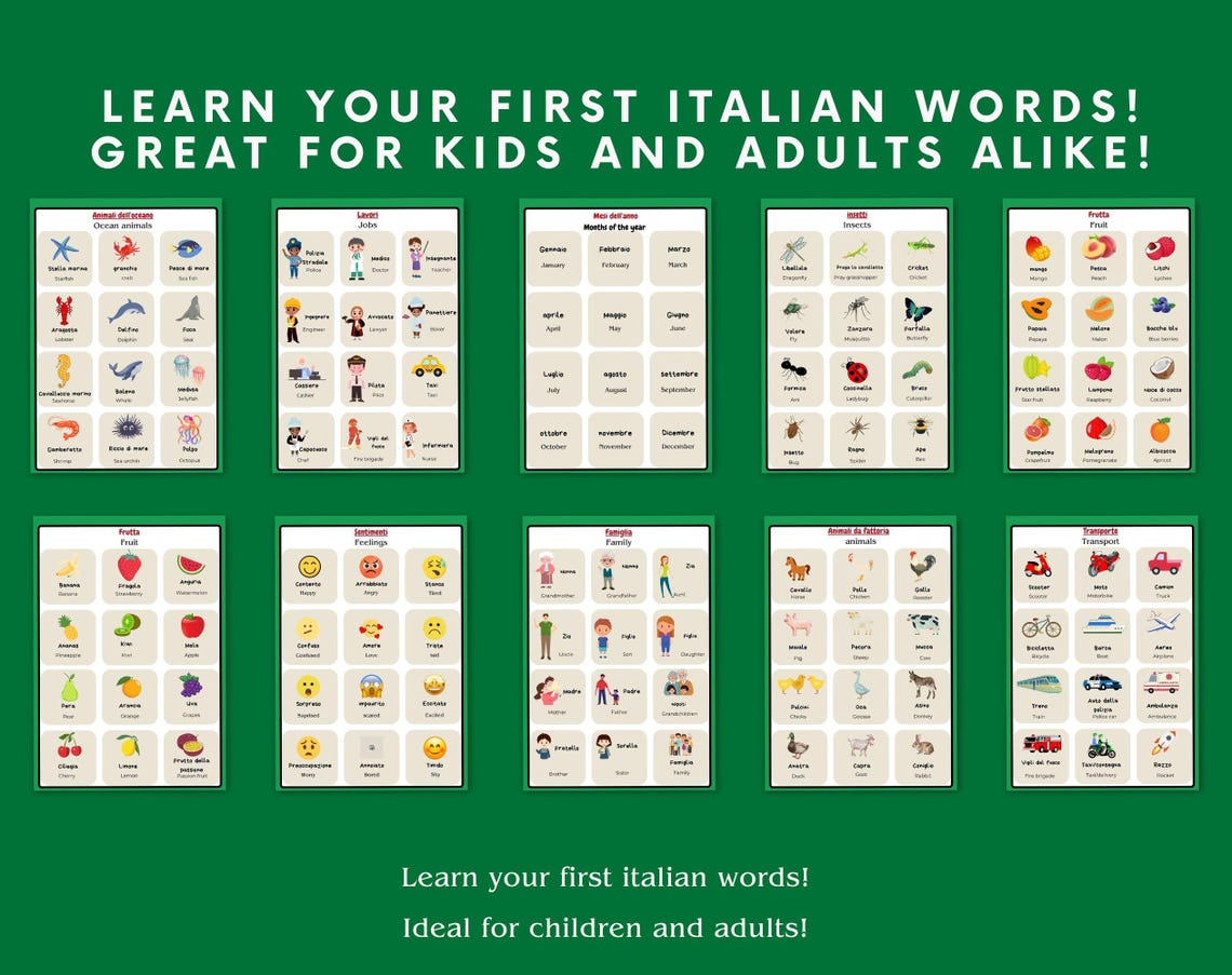 Learn Italian Words Printable Ebook – English to Italian Vocabulary for ...
