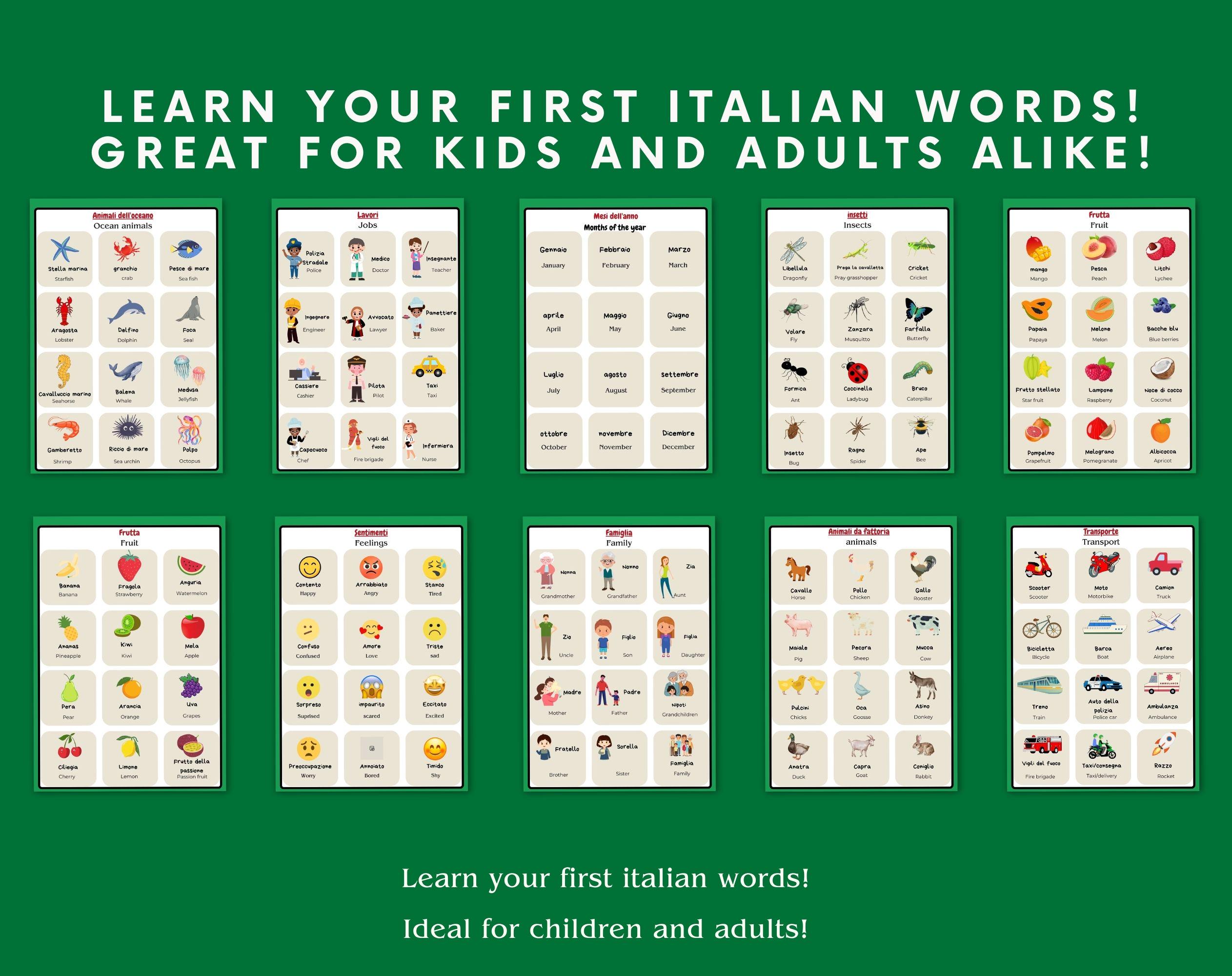 Learn Italian Words Printable Ebook – English to Italian Vocabulary for ...