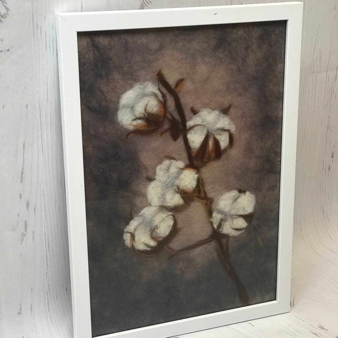 Crafted Wool Painting “cotton Branch” - Unique Wool Art - Home Decor ...
