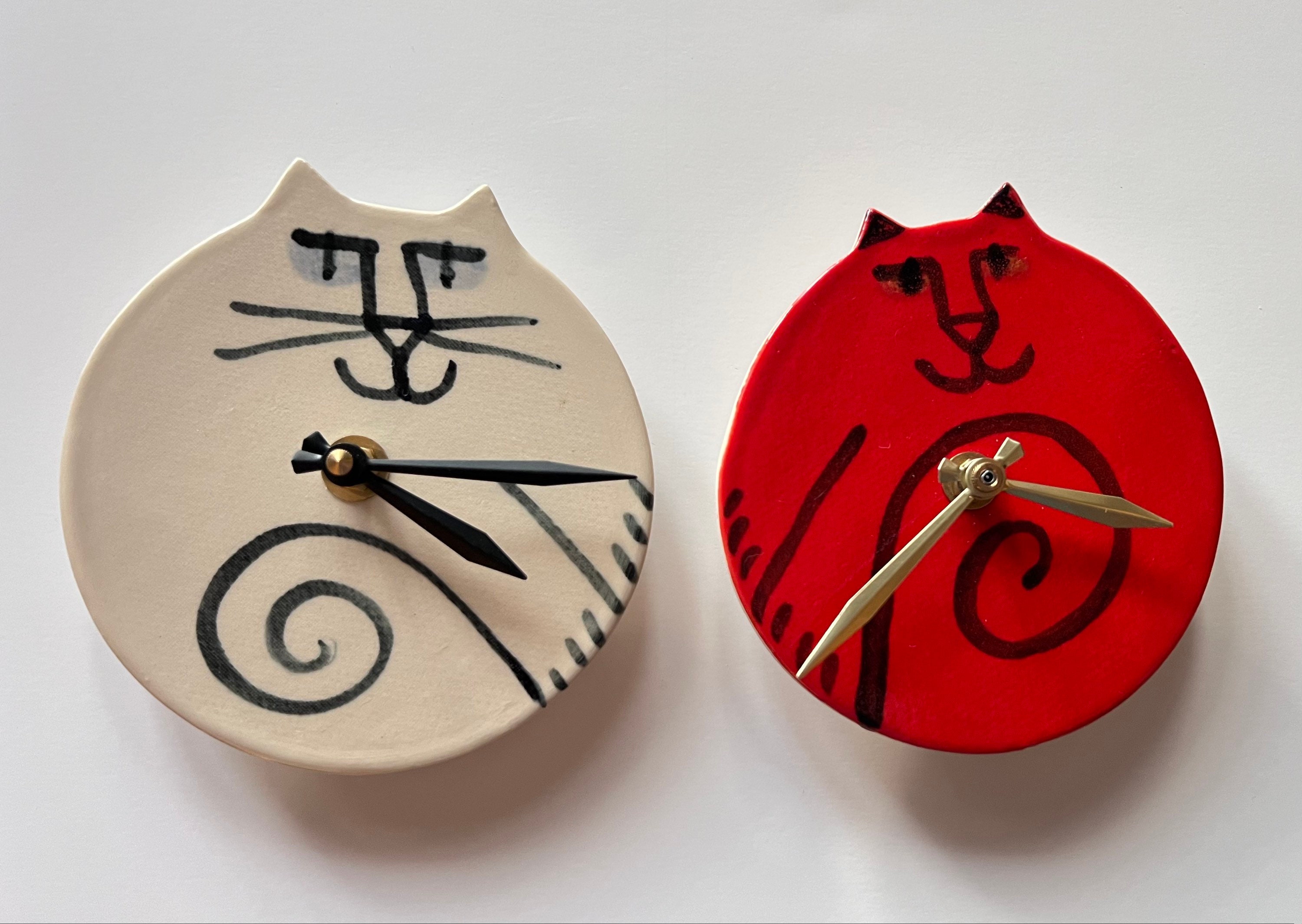 Wall Clock: Handmade Cat Time, Whimsical Pottery for Kitty Lover ...