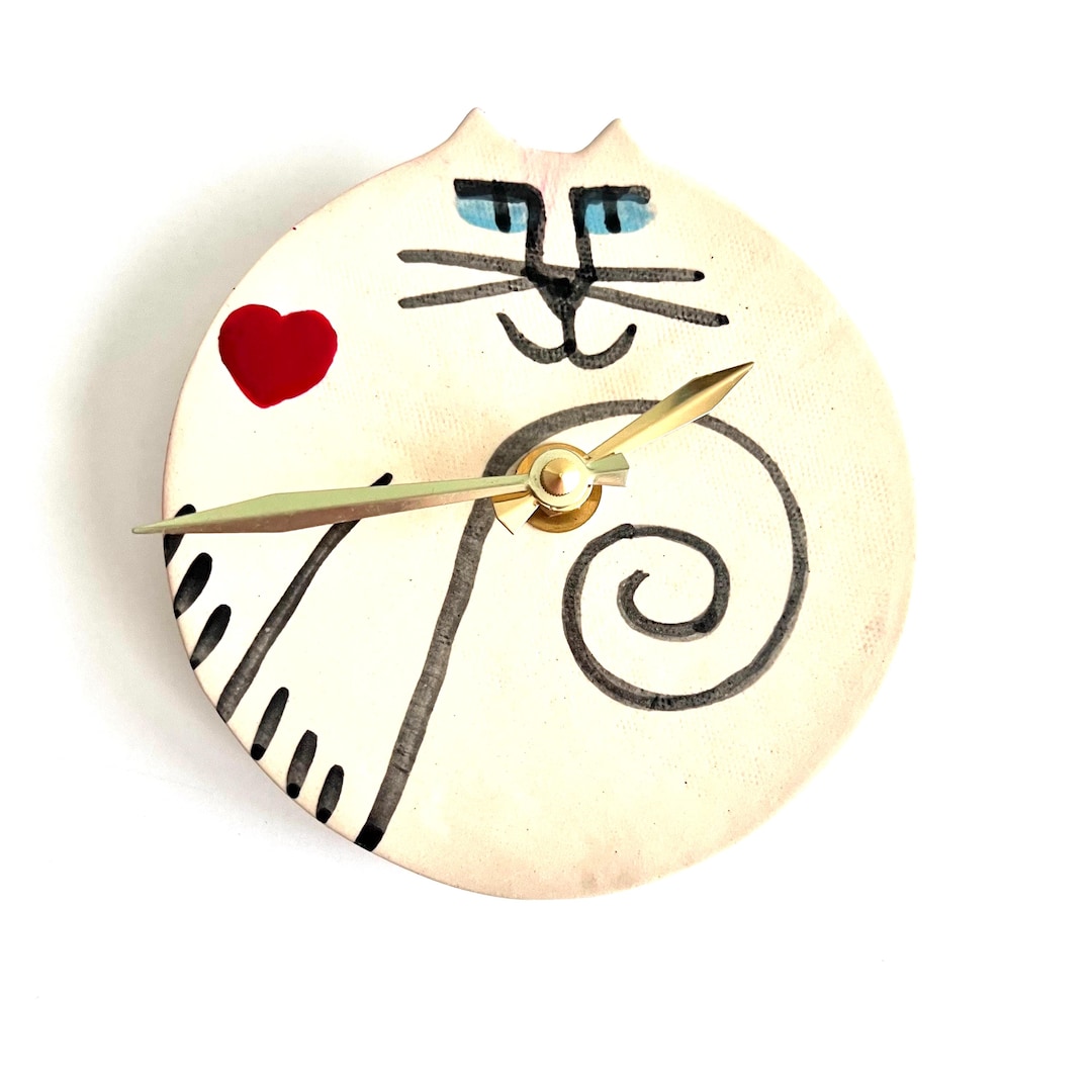 Handmade White Happy Cat Wall Clock: Whimsical Ceramic Pottery Decor - Etsy