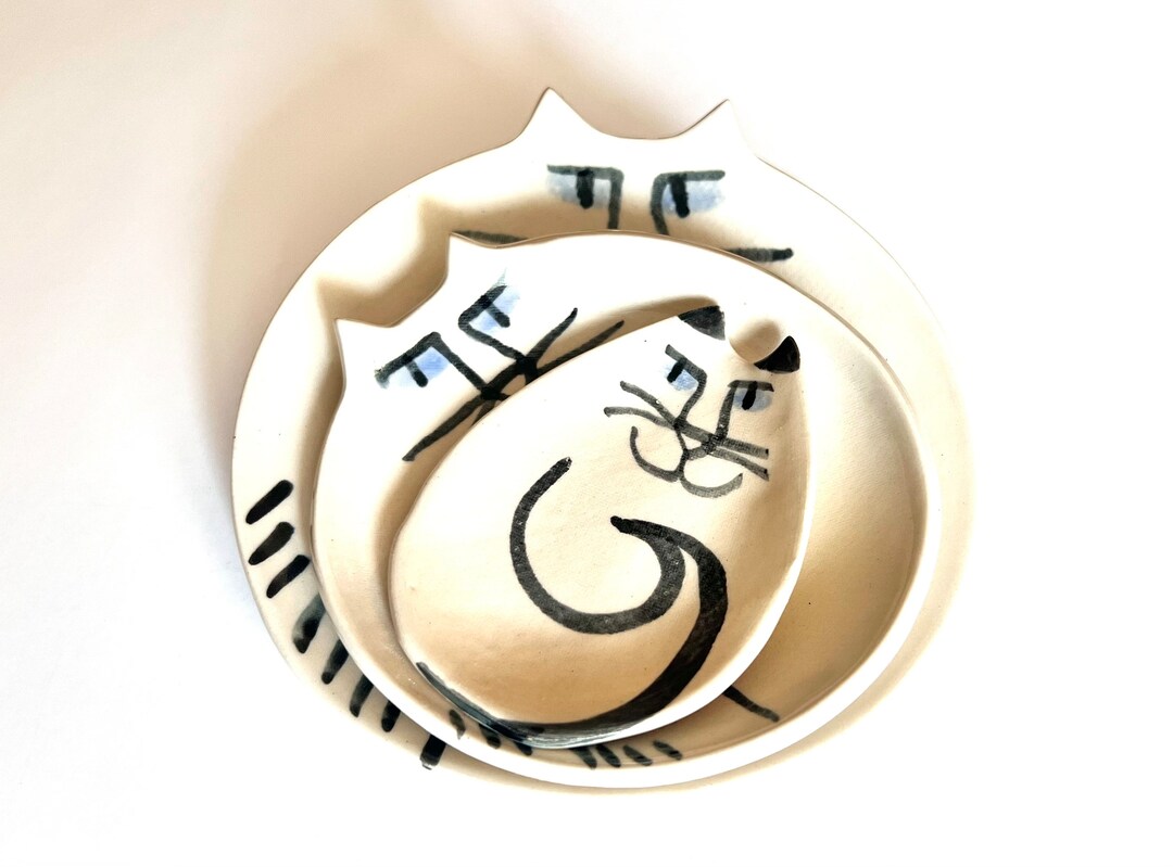 Cat Plate Set of 3, Nesting Collection White With Black Lines Blue Eyes ...