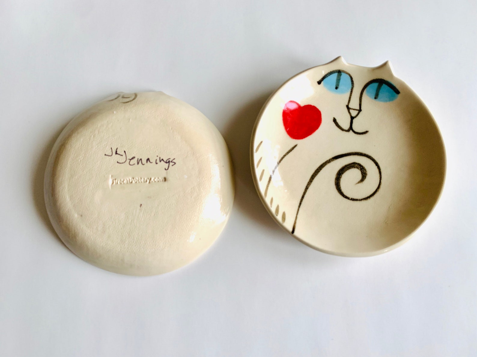 Pottery Cat Plate Square Handmade Clay White Wearing Red Heart ...