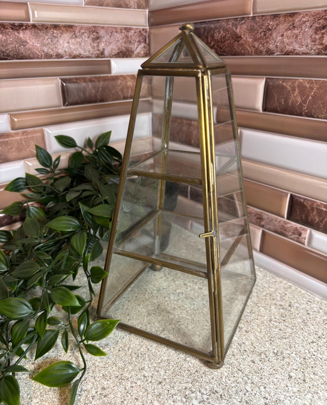 Vintage Brass Pyramid Glass Triangle Display Case With Latch Gold Tone ...