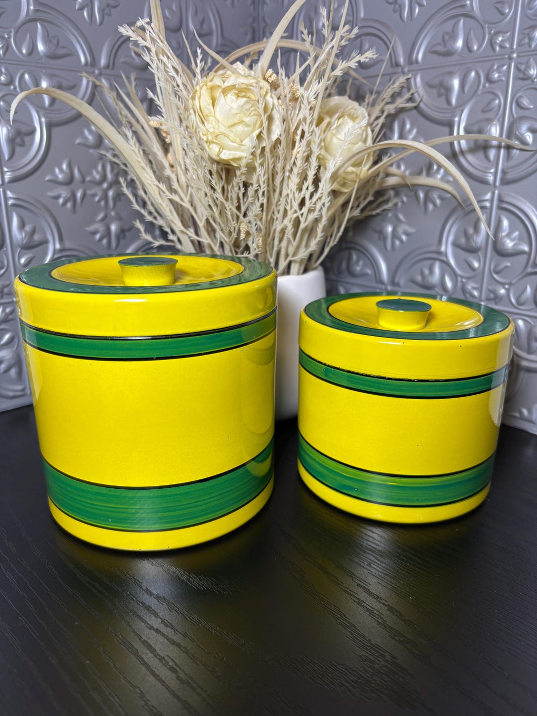 Vintage Nesting Canisters MCM Kitchen Container Green Yellow Stripes ...